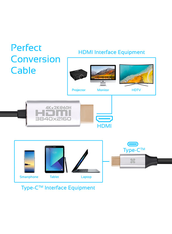 Promate USB-C to HDMI AV Cable 4K/2K, 1.8mt - HDLINK-60H.GREY – Online ...